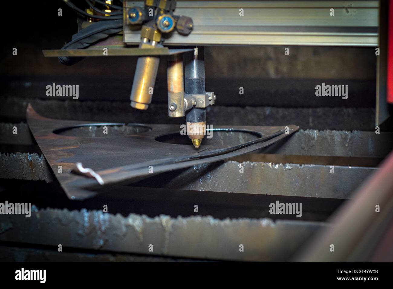 Laser metall cut cnc machine. Fly fire sparks background, Kocani ...