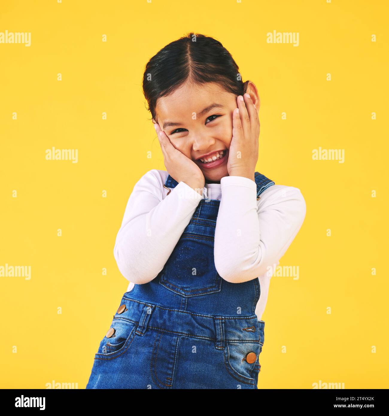Portrait, smile and shy girl child in studio excited with news ...