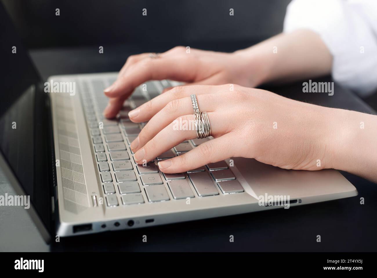 Business Woman's Workspace. Female Hands on Laptop Keyboard. Close-Up ...