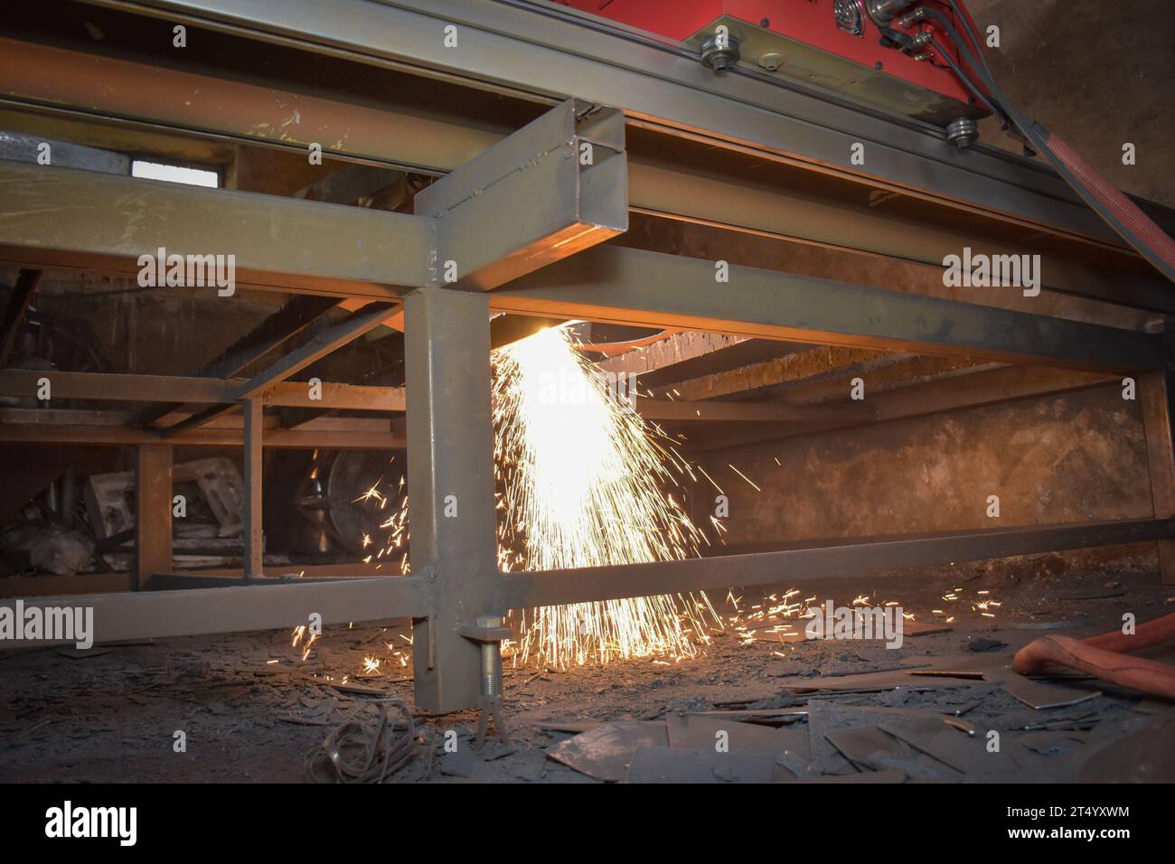 Laser metall cut cnc machine. Fly fire sparks background, Kocani ...