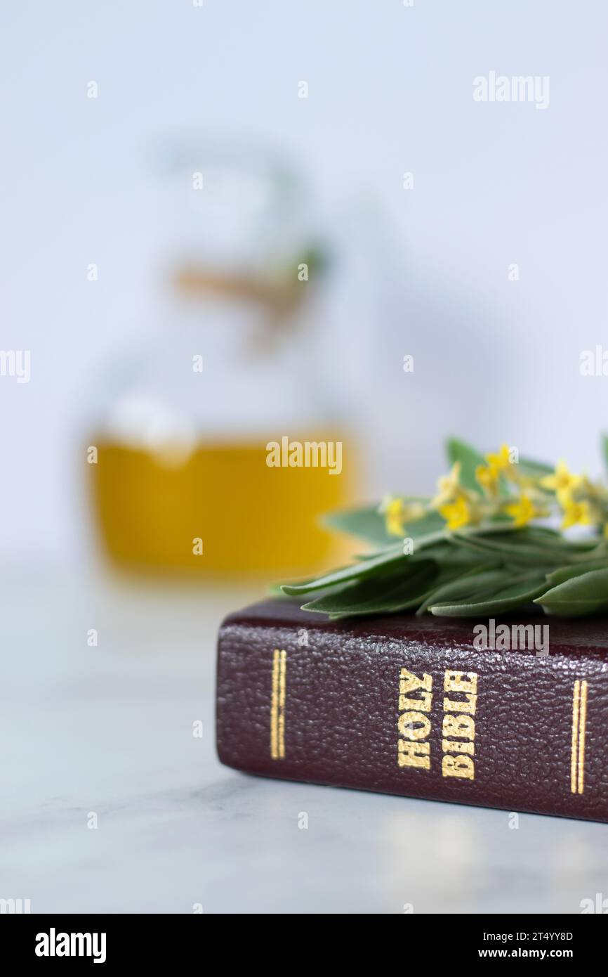 Closed holy bible book with green olive branch and glass bottle with ...