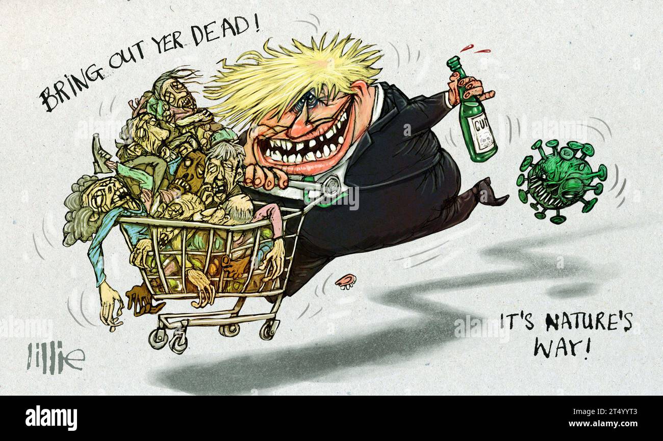 Satirical cartoon illustrating Boris Johnson with supermarket trolly ...