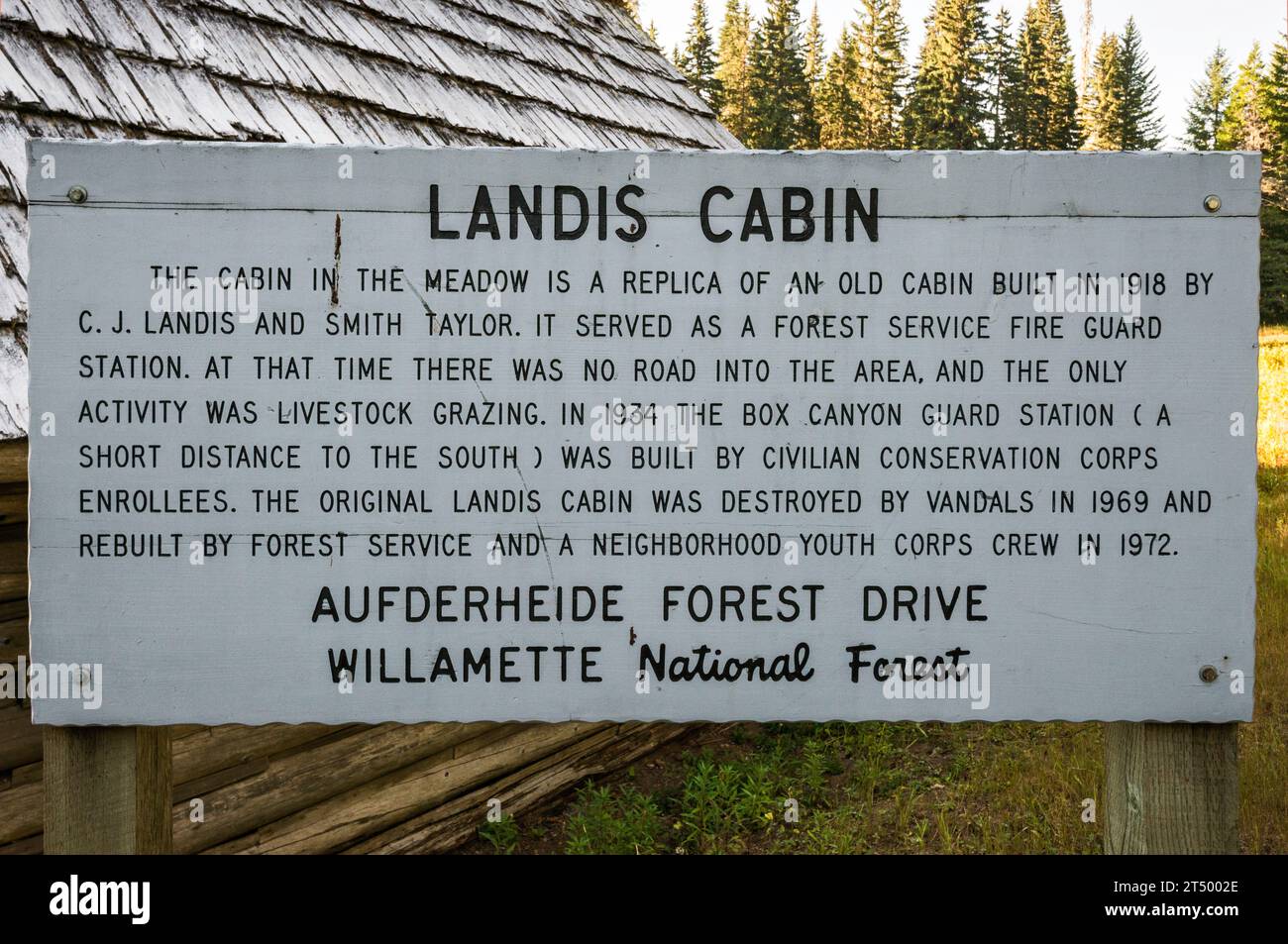 Description sign at Landis Cabin, Box Canyon, Willamette National ...