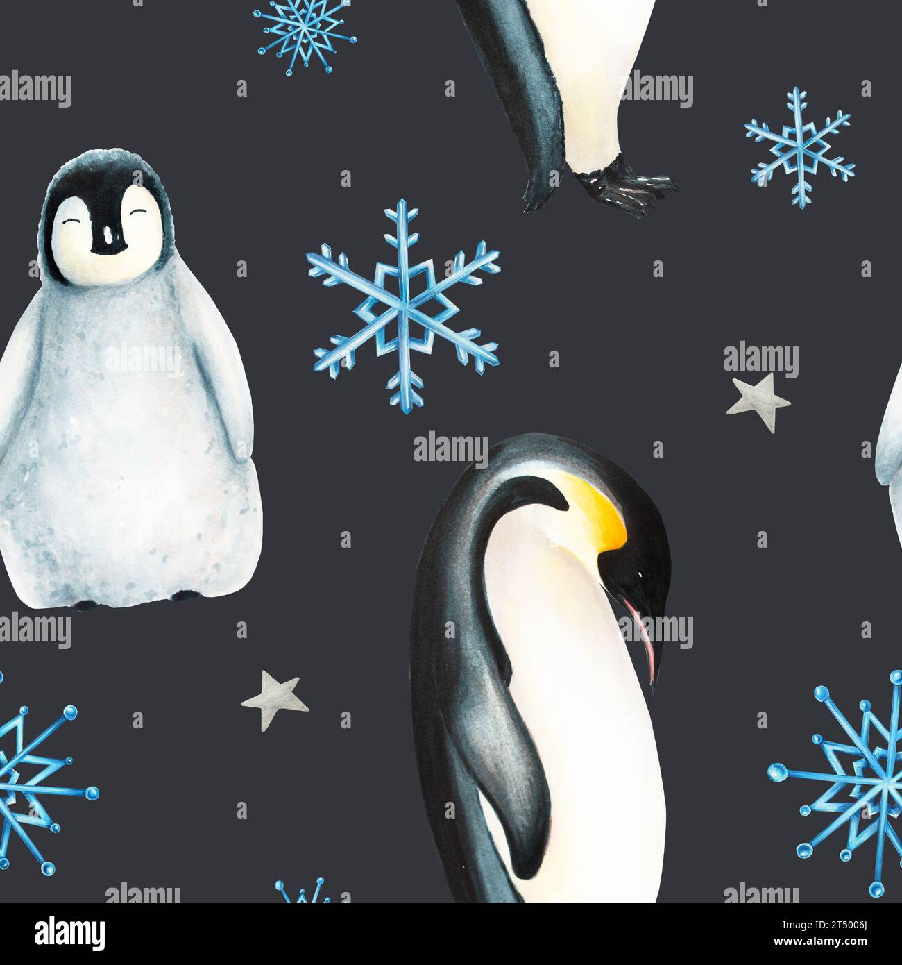 Watercolor winter seamless pattern illustration of a king penguins ...