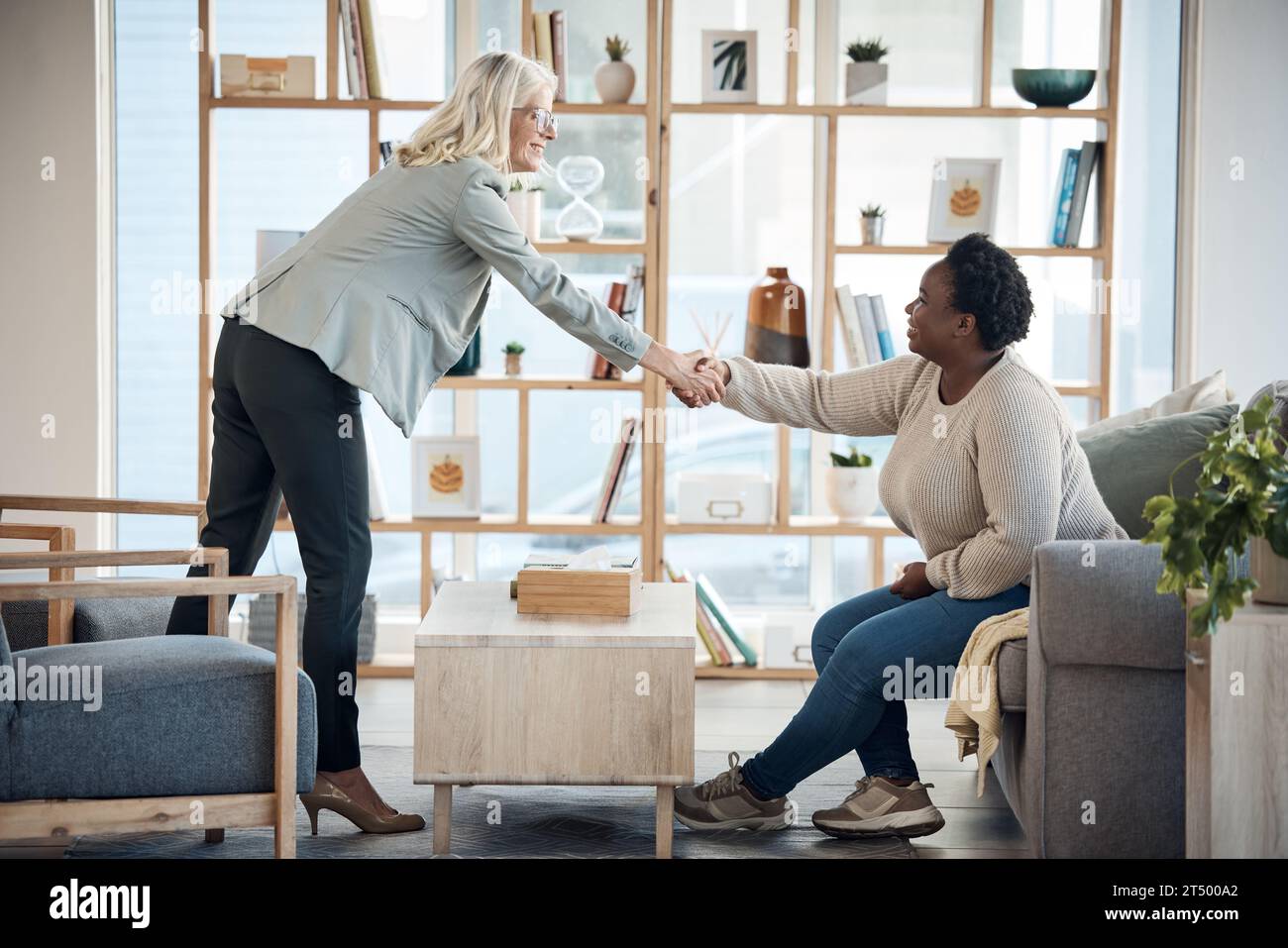 Women, handshake and meeting for counseling support, thank you and ...