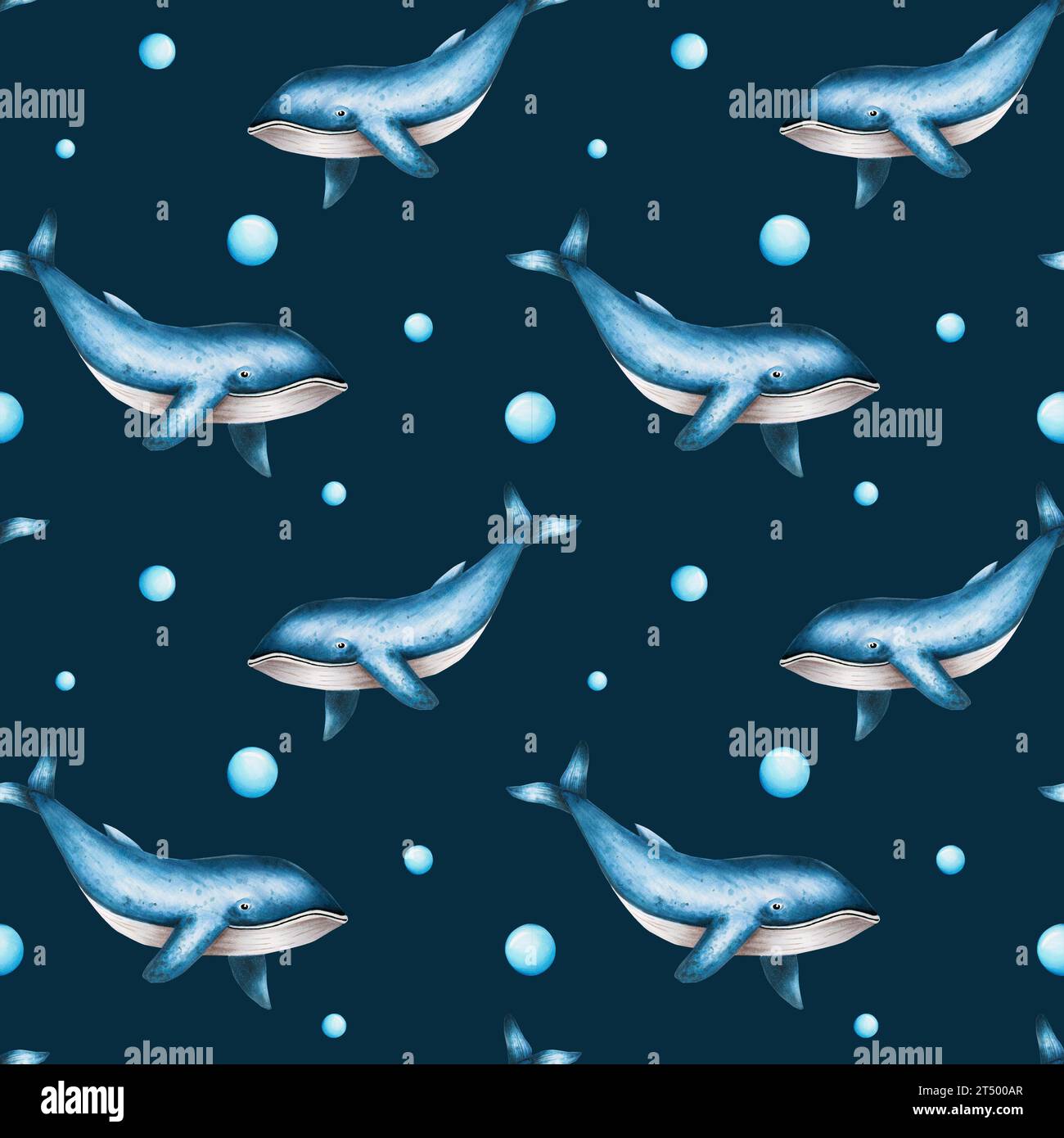 Watercolor seamless pattern with blue whales isolated on white ...