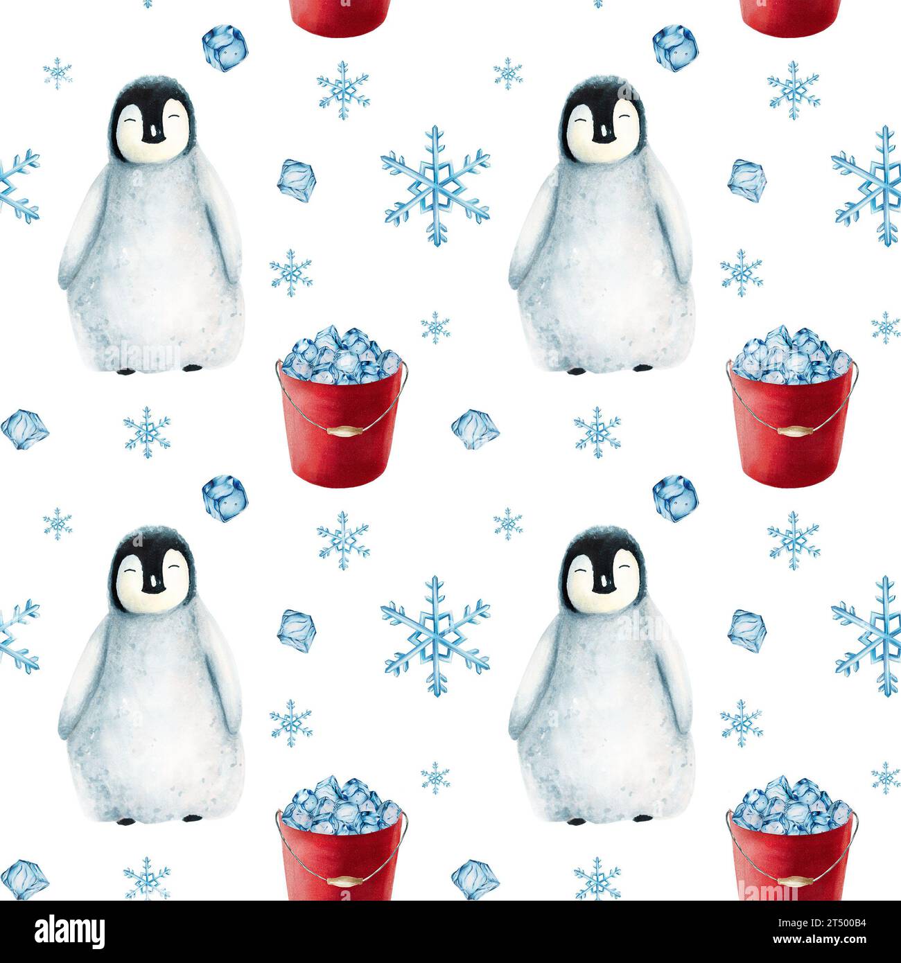 Watercolor winter seamless pattern illustration of a king penguins ...