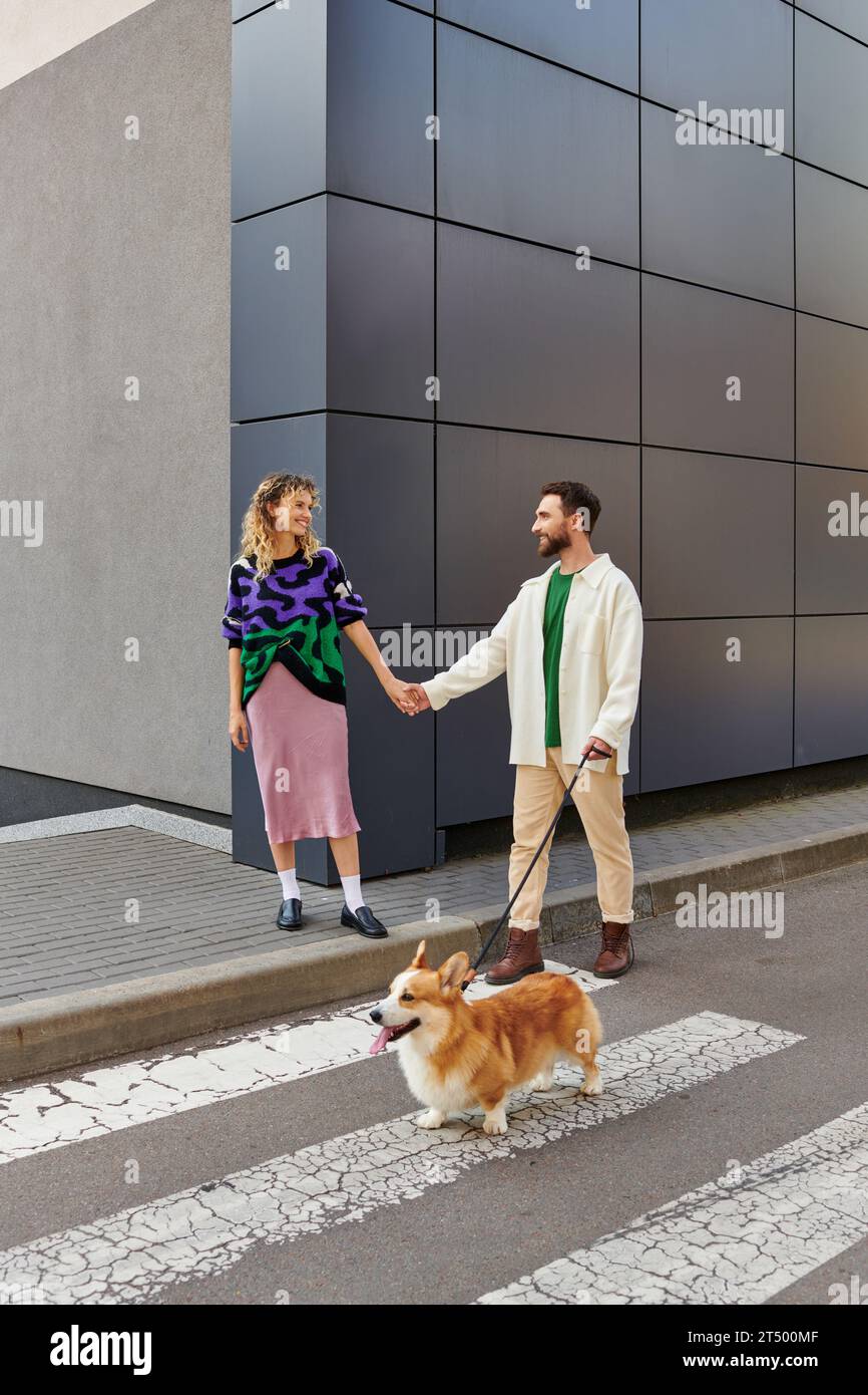 happy couple holding hands and walking with corgi dog near modern grey ...