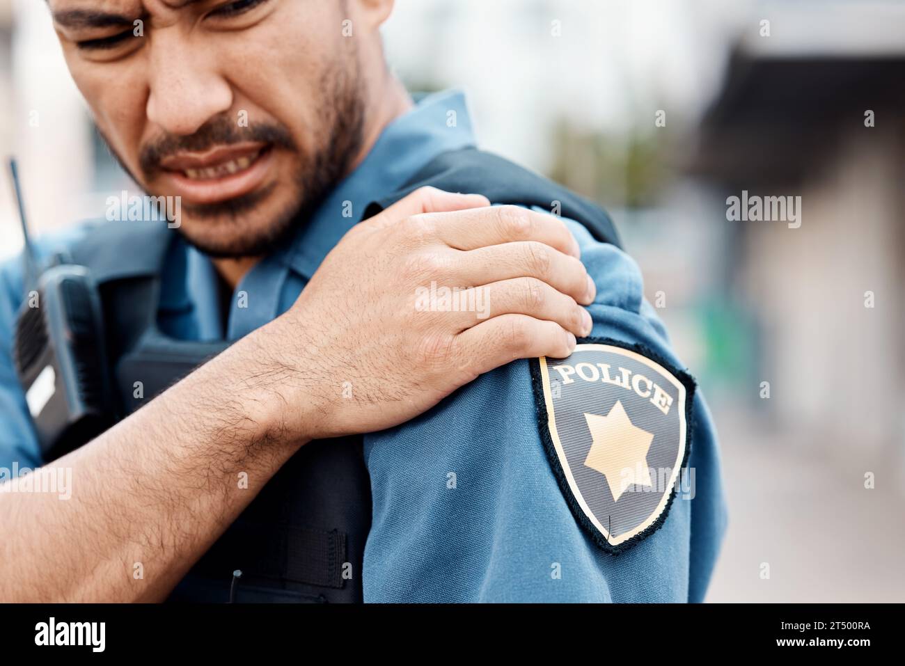 Shoulder pain, man or police officer with injury from accident crime ...