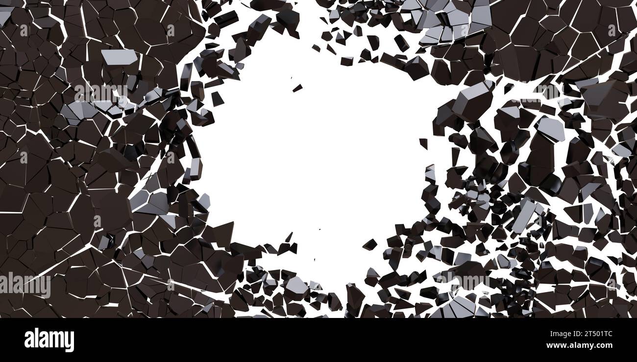 Opening on a black brocken wall, Big empty hole isolated on white ...