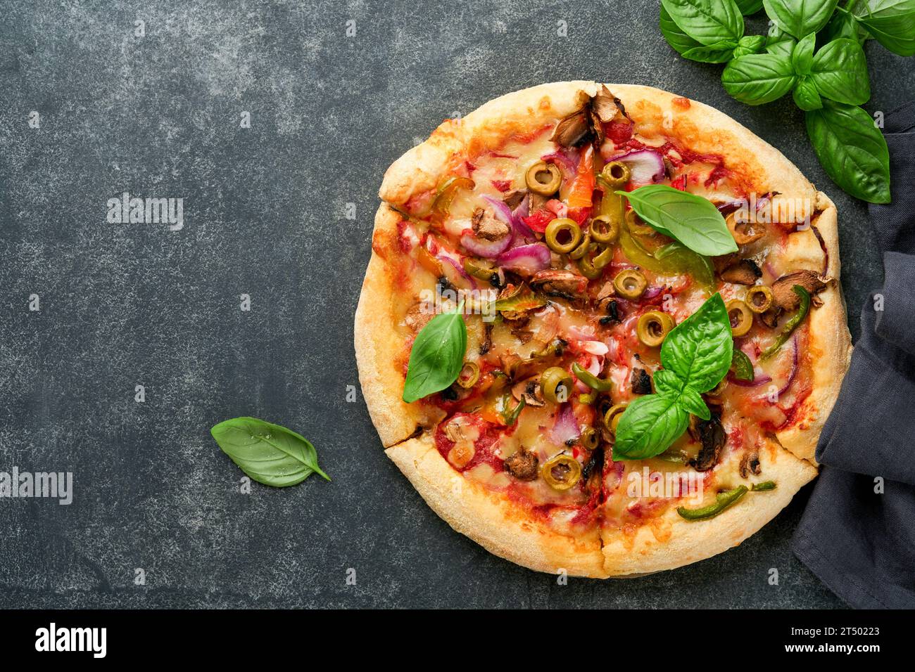 Homemade pizza. Traditional neapolitan pizza with olives, peppers ...