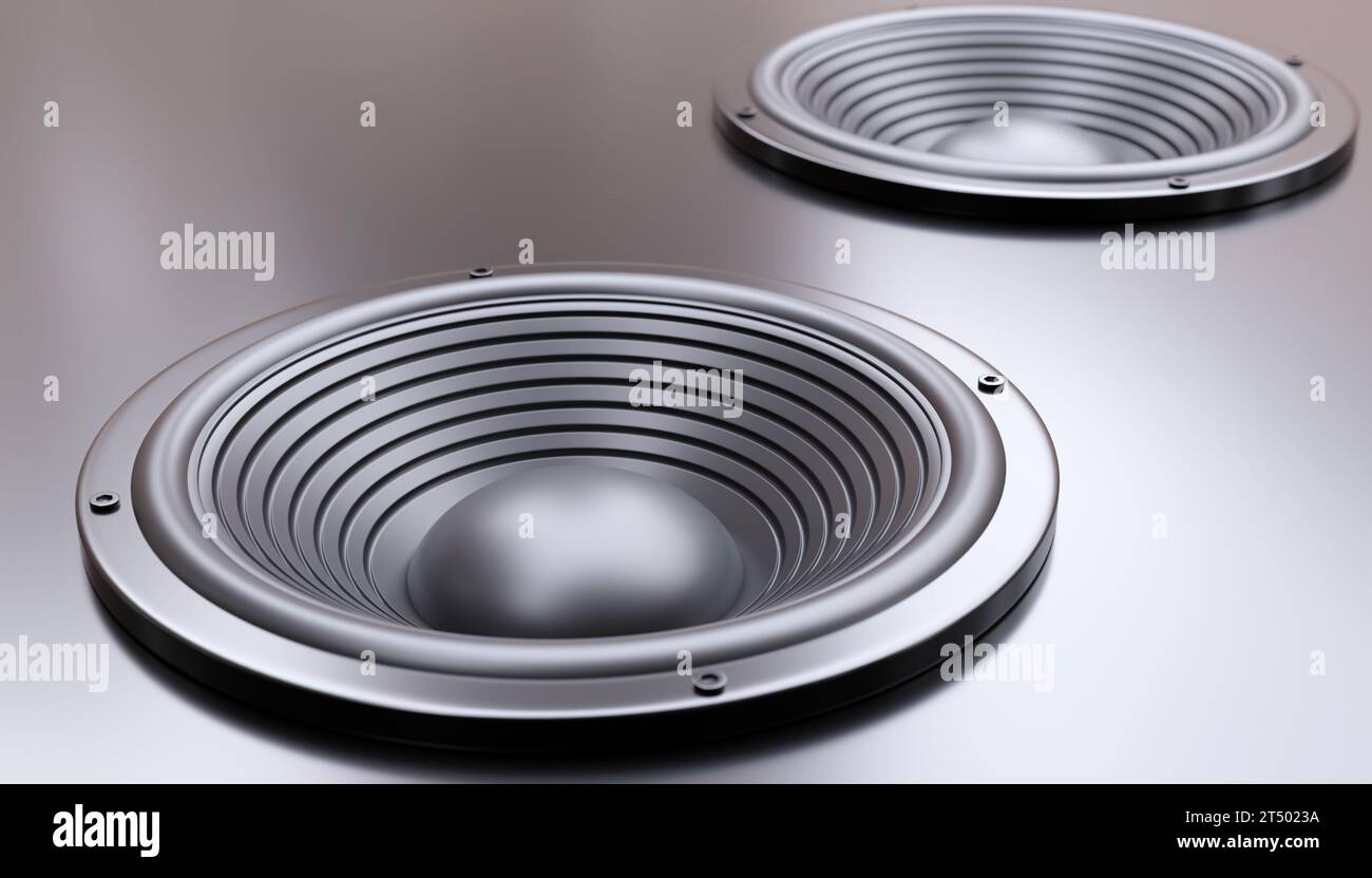 Silver Loudspeaker on silver background. Round shaped speaker, luxury ...