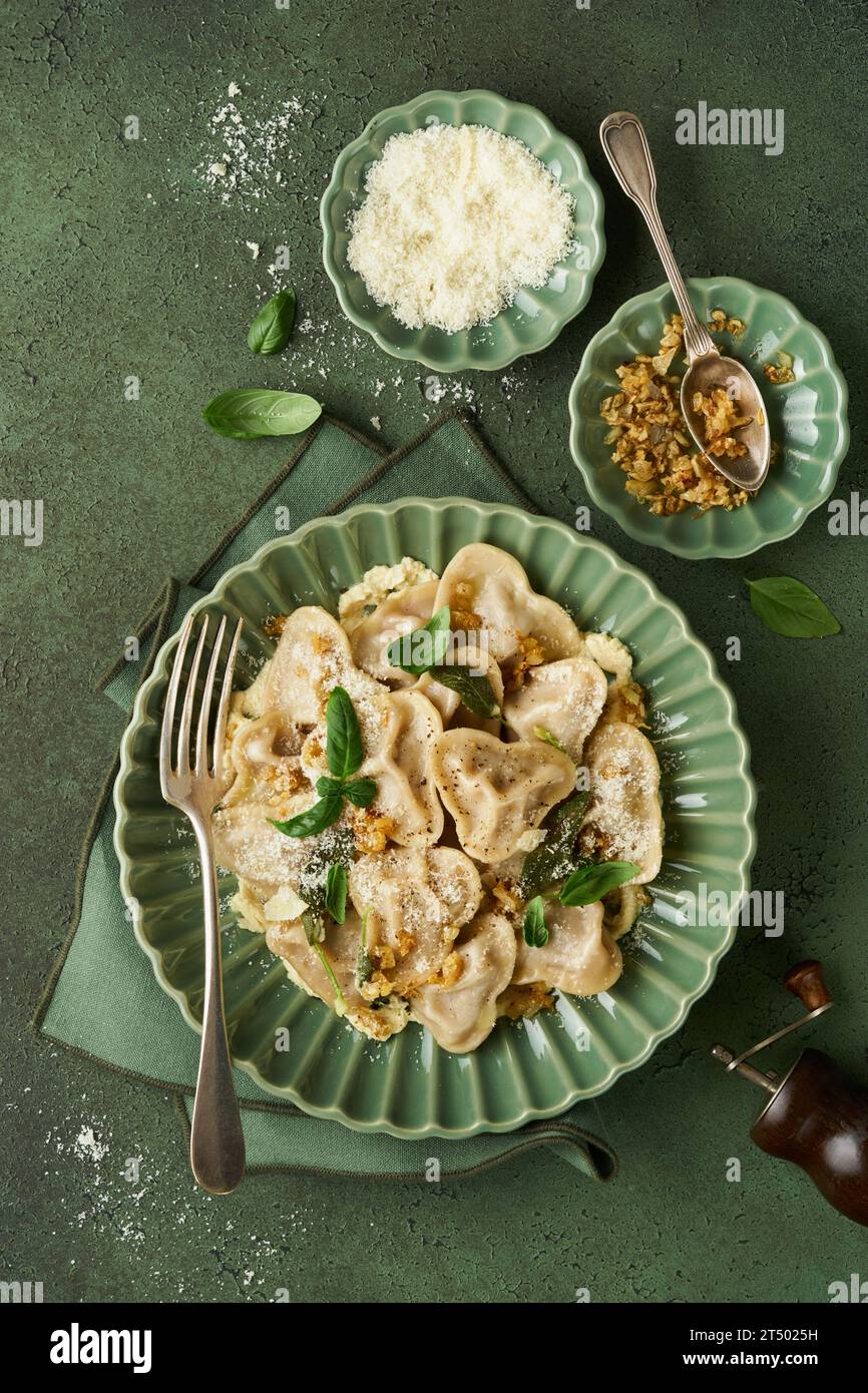 Homemade Italian ravioli pasta in heart shape with beef meat, cheese ...