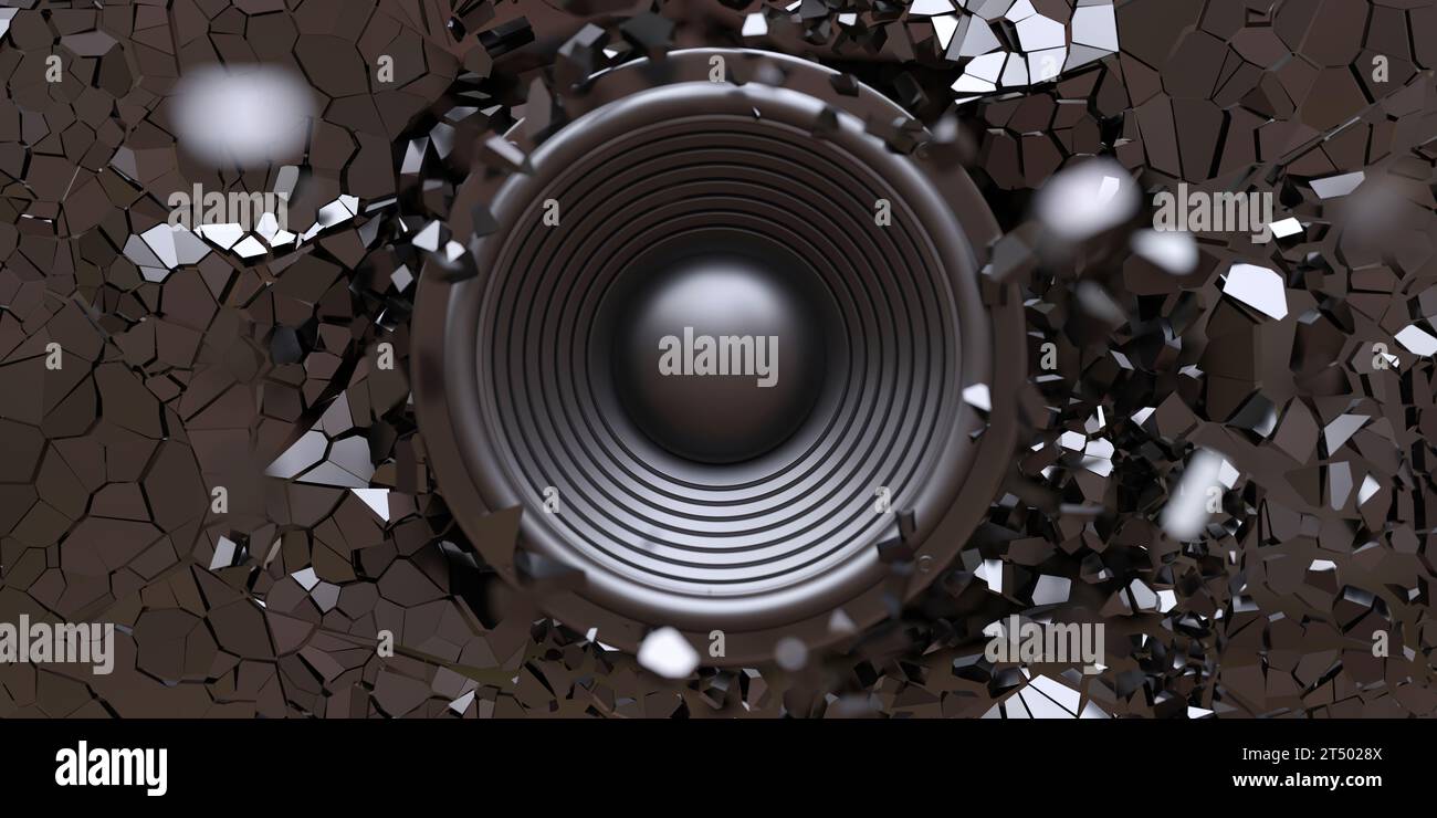 Loudspeaker breaks a black wall background, Powerful stereo sound, loud ...