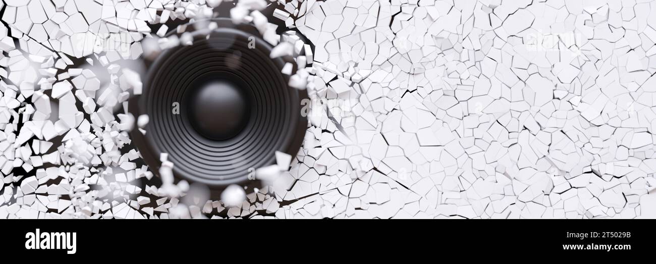 Loudspeaker breaks a white wall background, Powerful stereo sound, loud ...