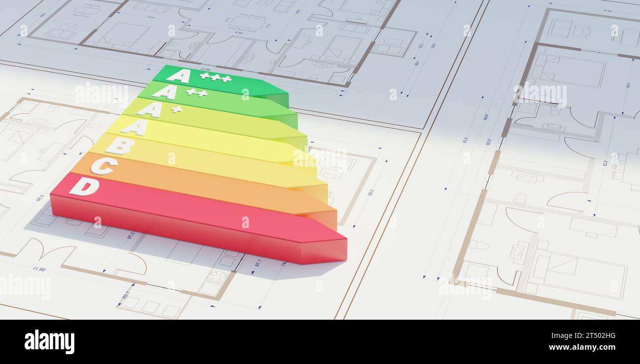 Energy efficiency label classification, bar chart on blueprint plan ...