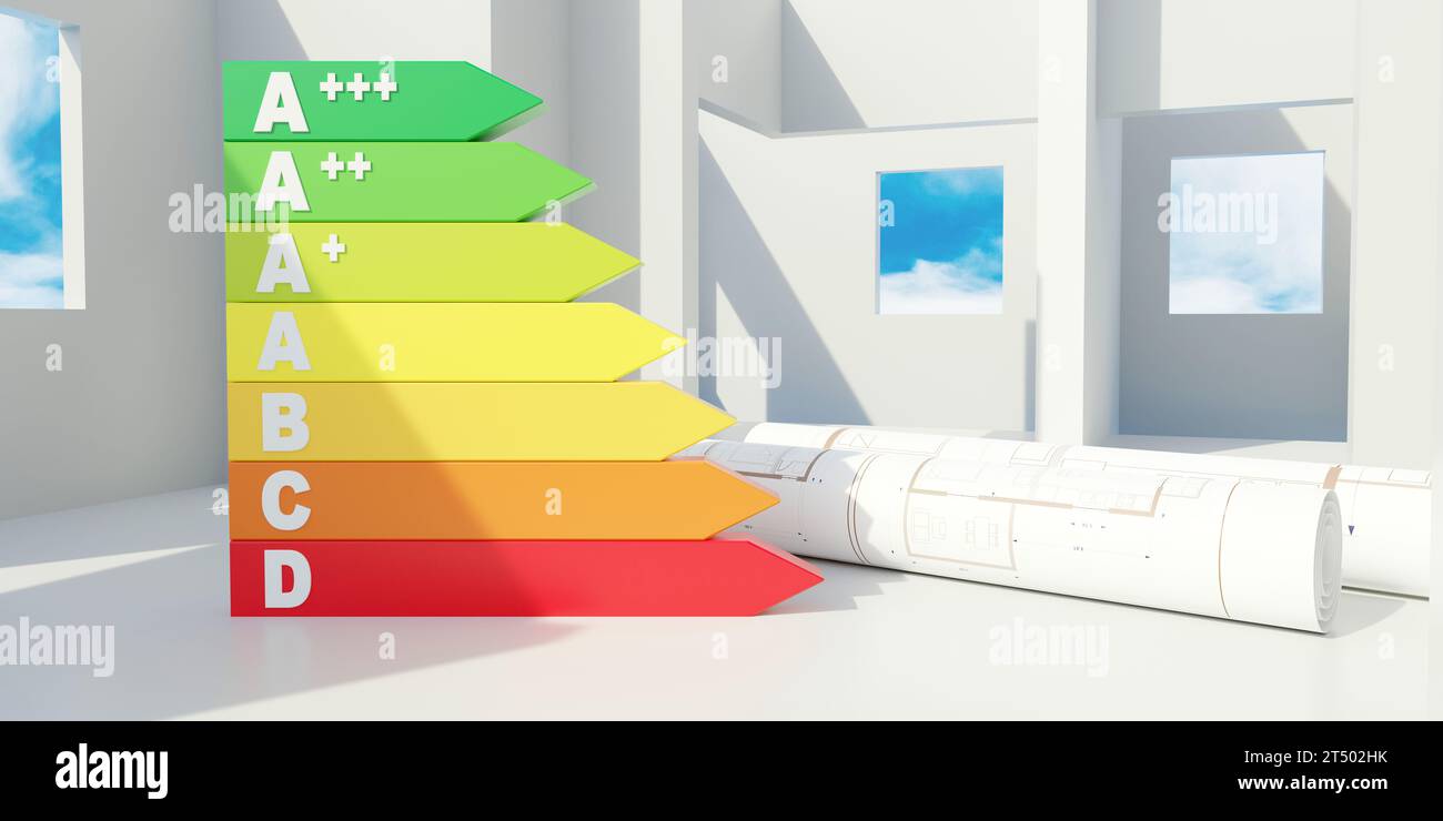 Energy efficiency label classification bar chart, blueprint plan on ...