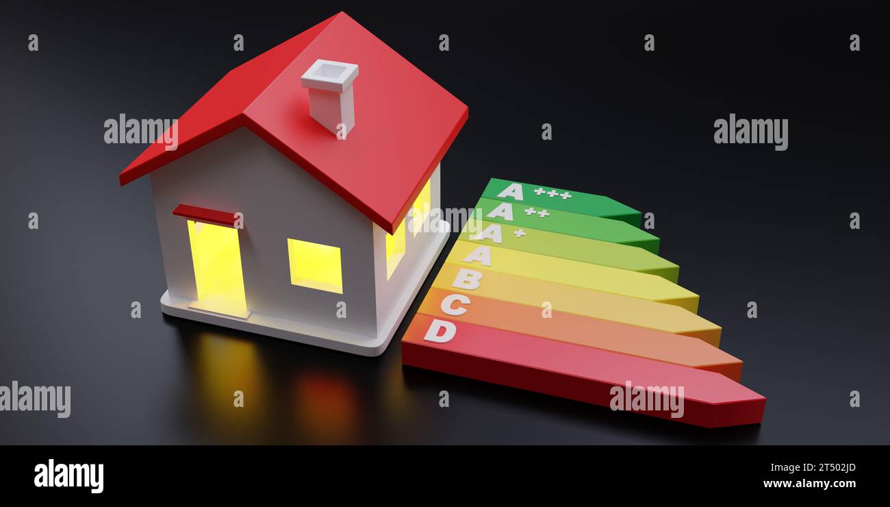 Energy Efficiency Label Classification, illuminated small house on ...