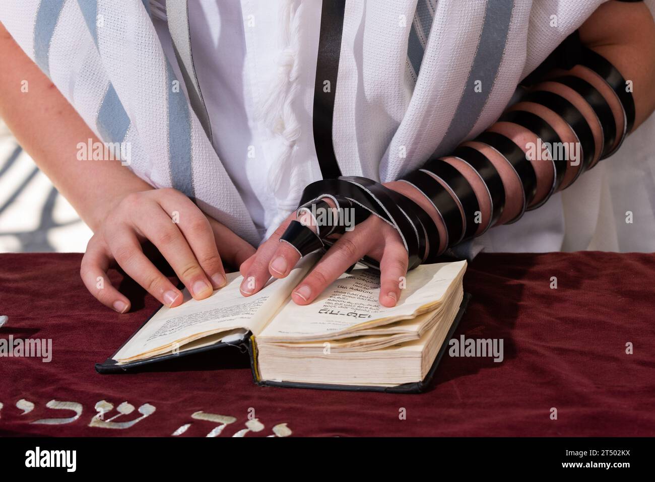A man prays the Jewish morning service from a siddur prayer book while ...