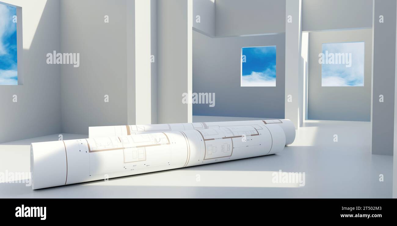 Building project blueprint plan roll on house interior. Real estate ...