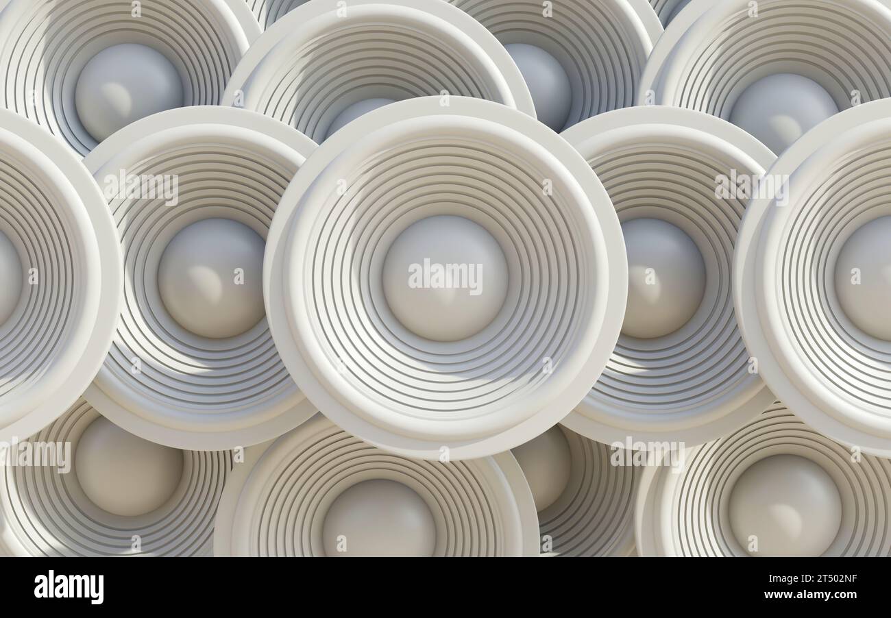 White Loudspeaker background. Many round speakers, lstereo sound ...