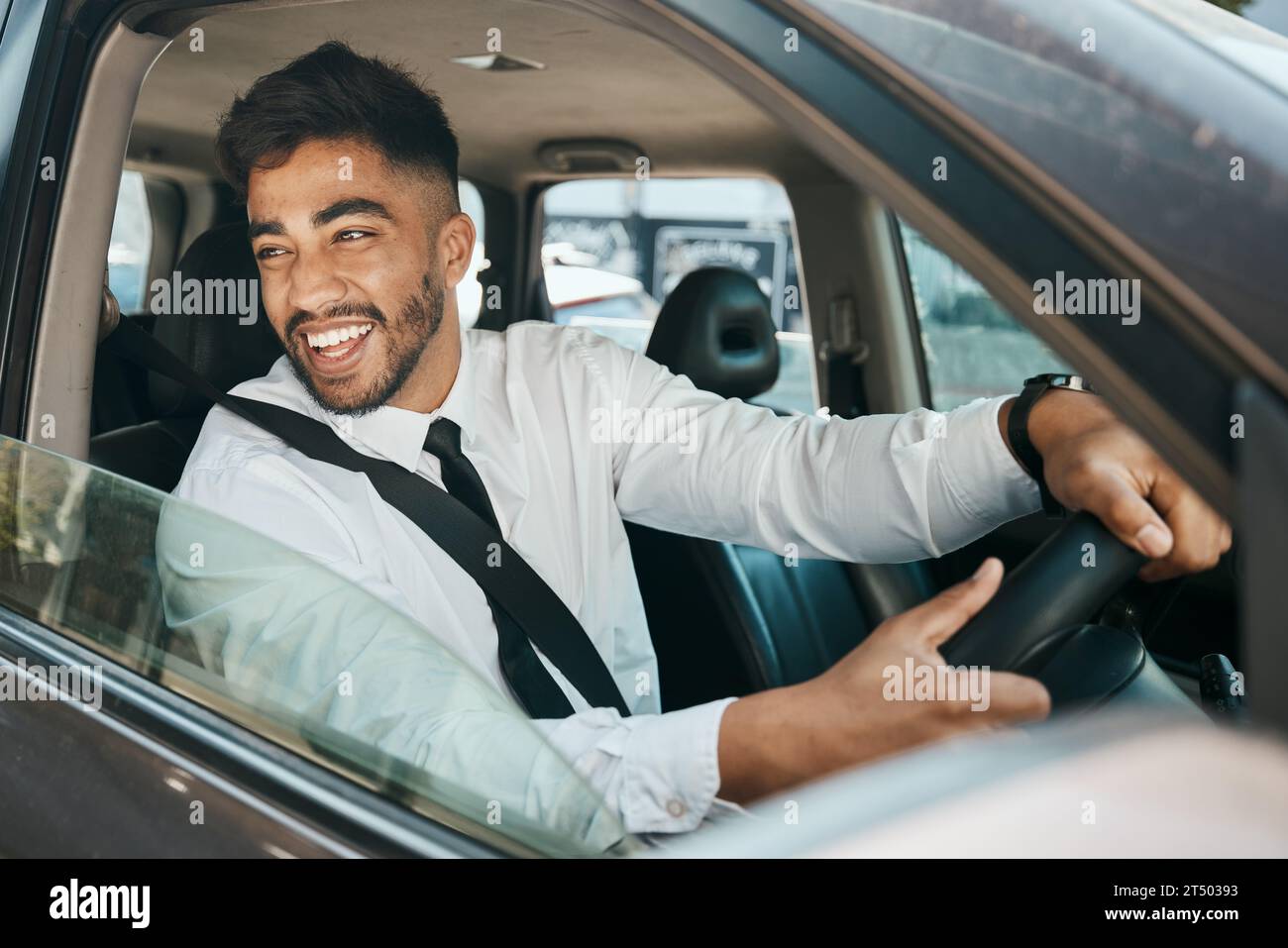Business man, smile and driving car for morning commute, transportation ...