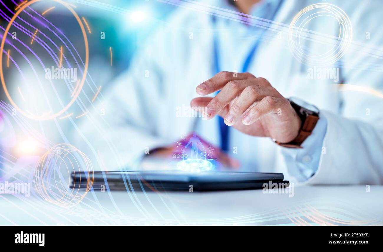 Science, hand and tablet with hologram in laboratory with typing, data ...