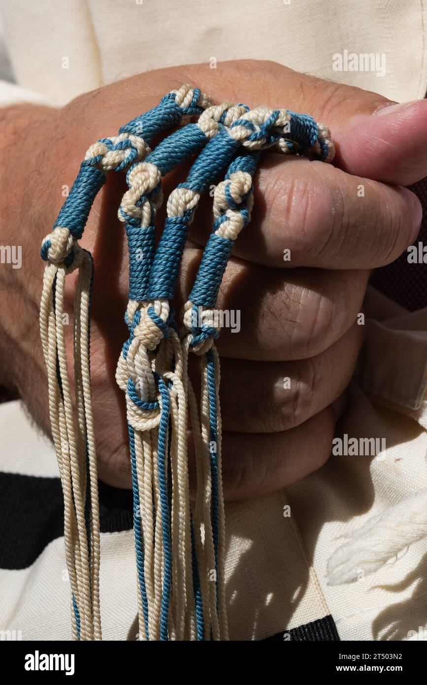 A Jewish man holds the strings of his tallit or tzitzit while reciting ...