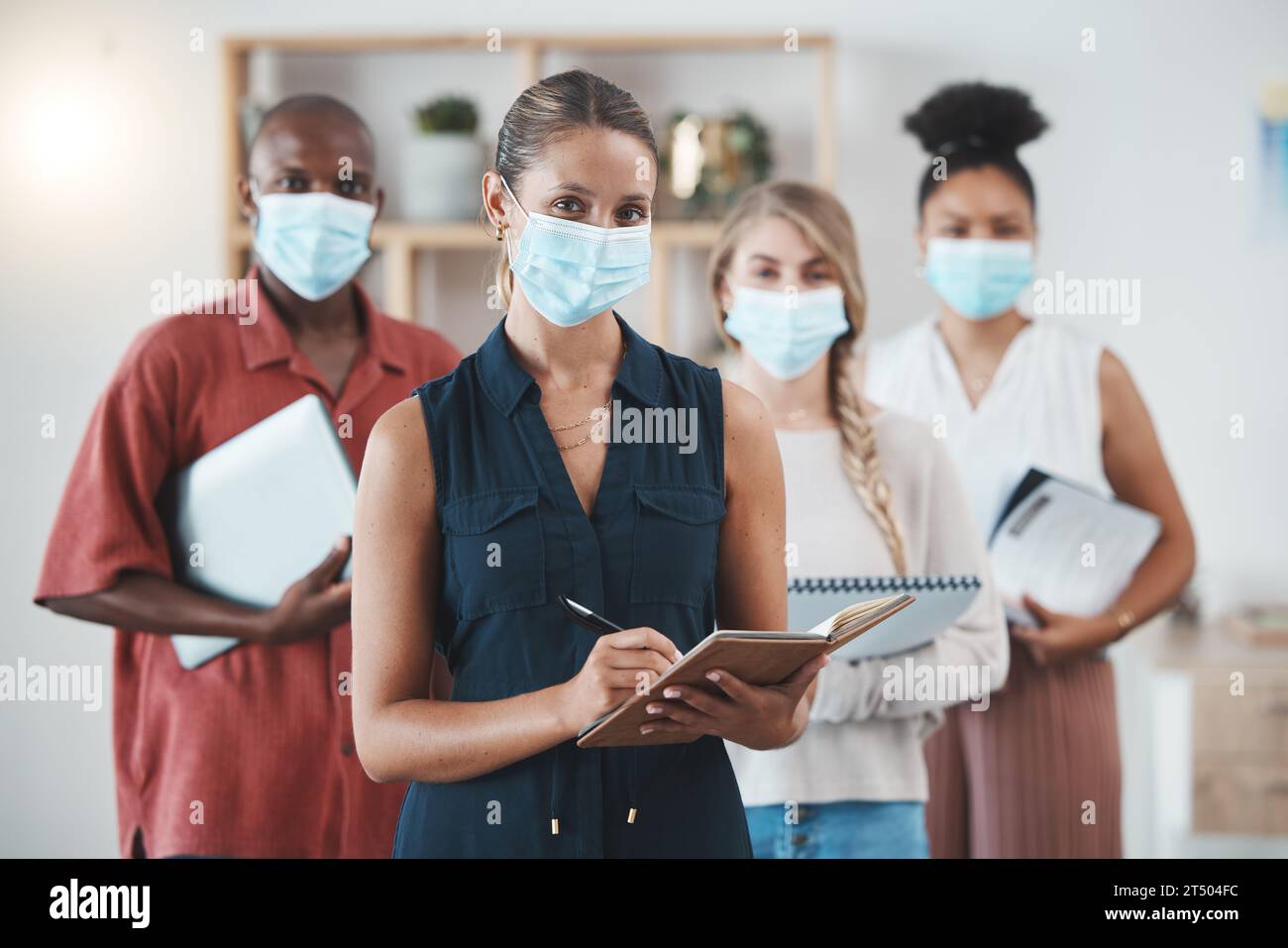 Meeting, office or covid mask in team collaboration, business people or ...