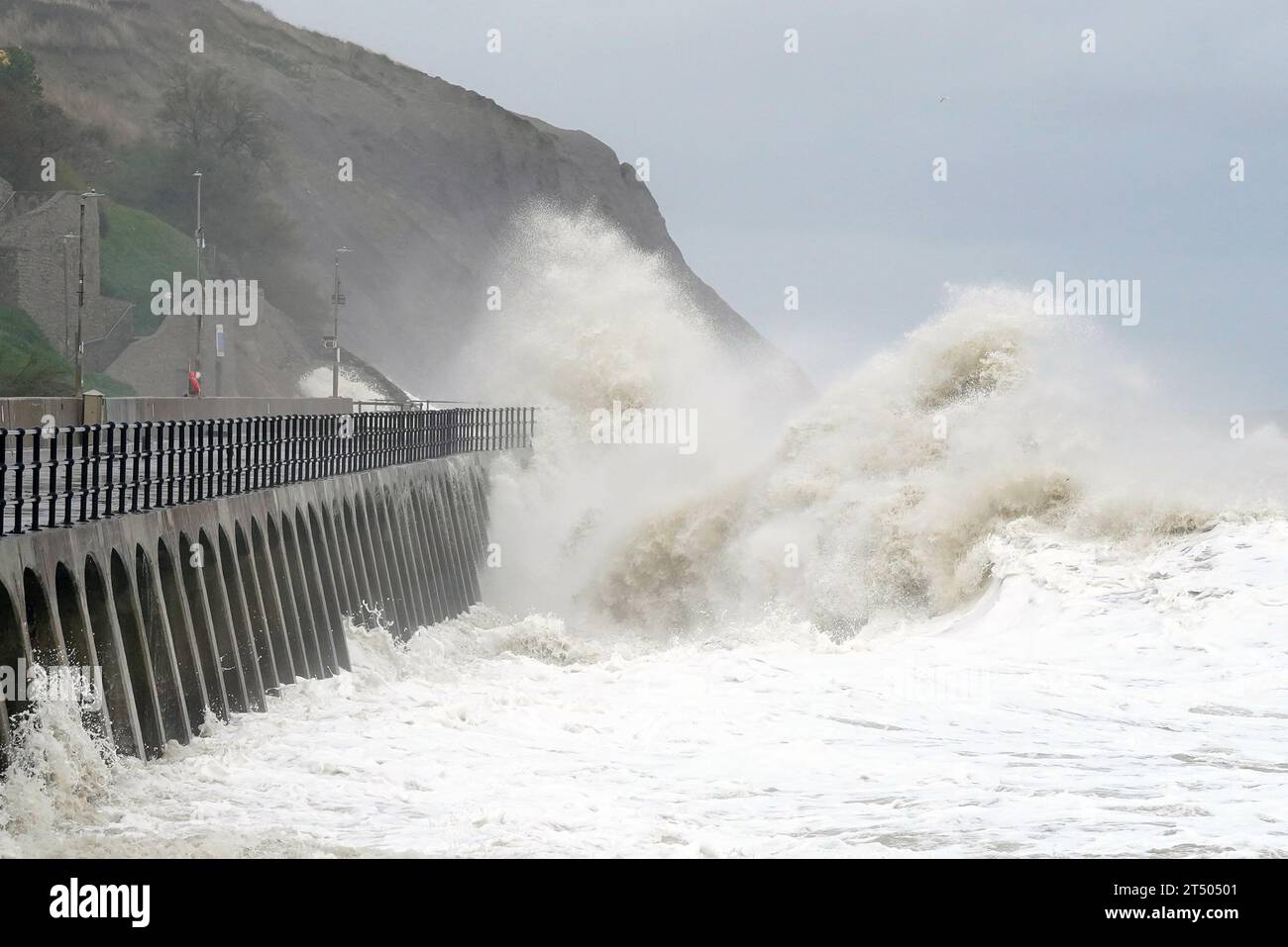 Waves crash over the promenade in Folkestone, Kent, as Storm Ciaran ...