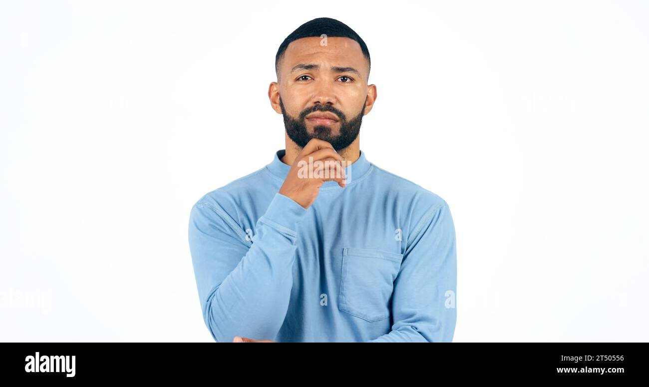 Thinking, face and confused man in studio with brainstorming, ask or ...