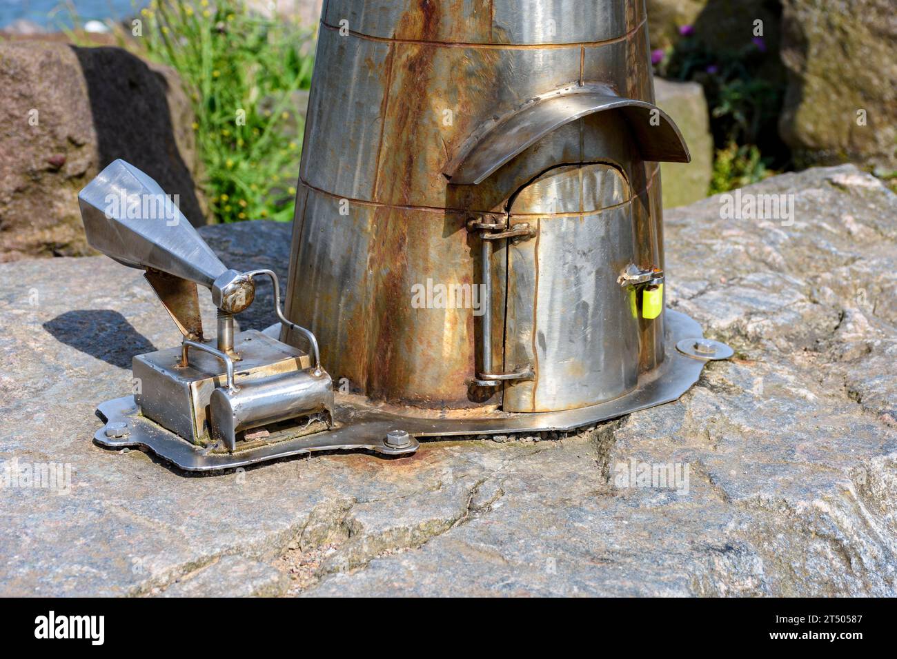 Detail of the foghorn and door of the Lighthouse sculpture by Jim ...