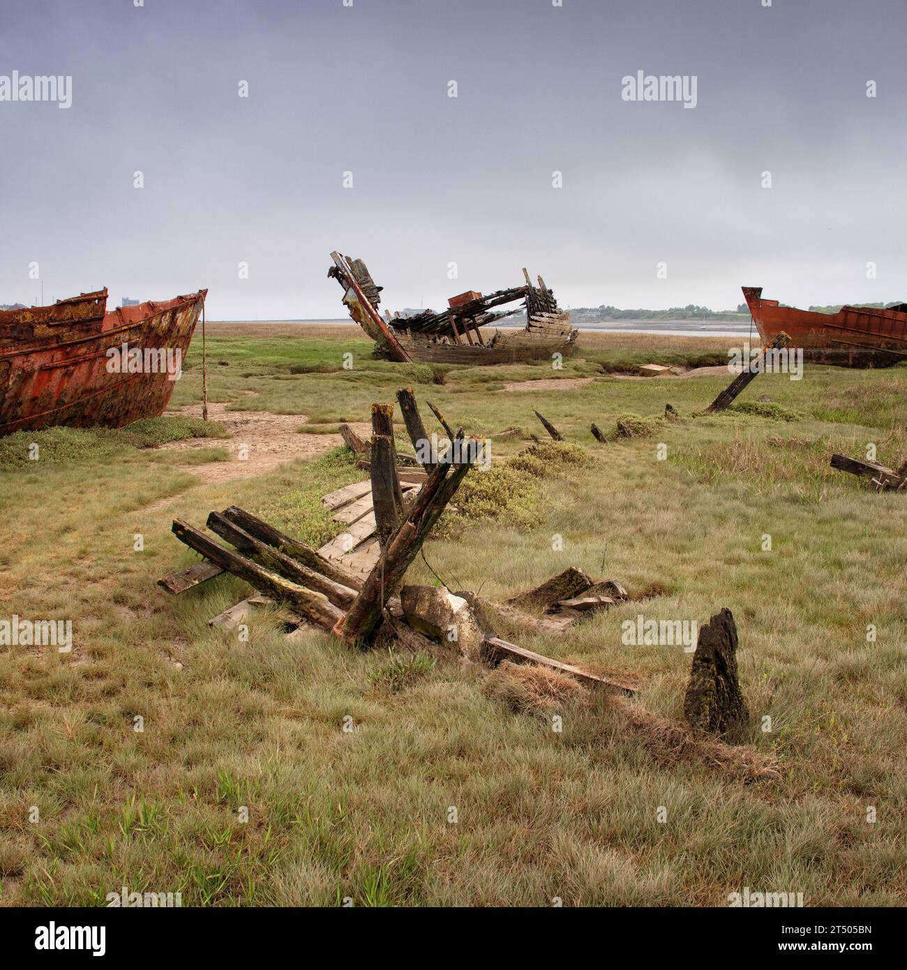 The remains of wrecked boats on the River Wyre at Fleetwood Lancashire ...