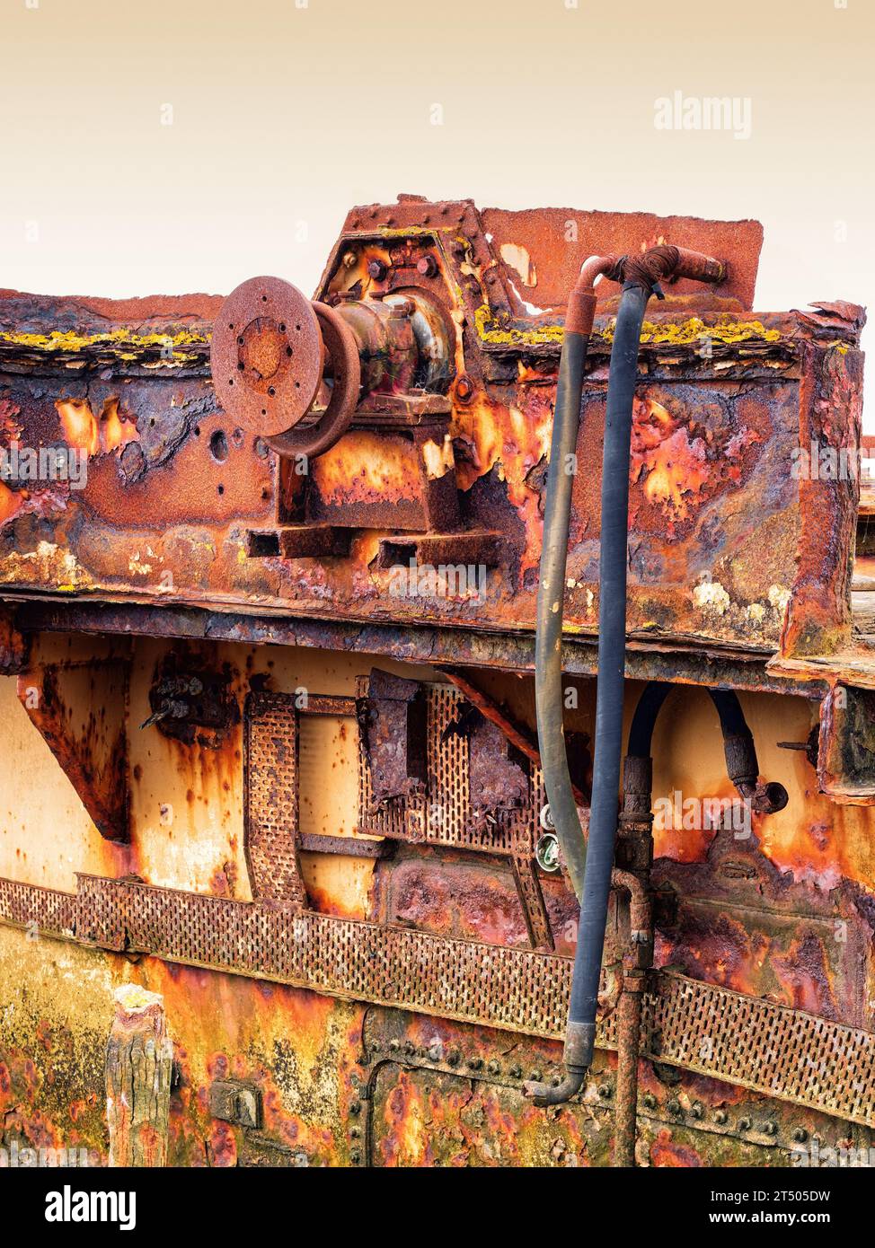An abstract of the interior of a wrecked boat on the River Wyre at ...