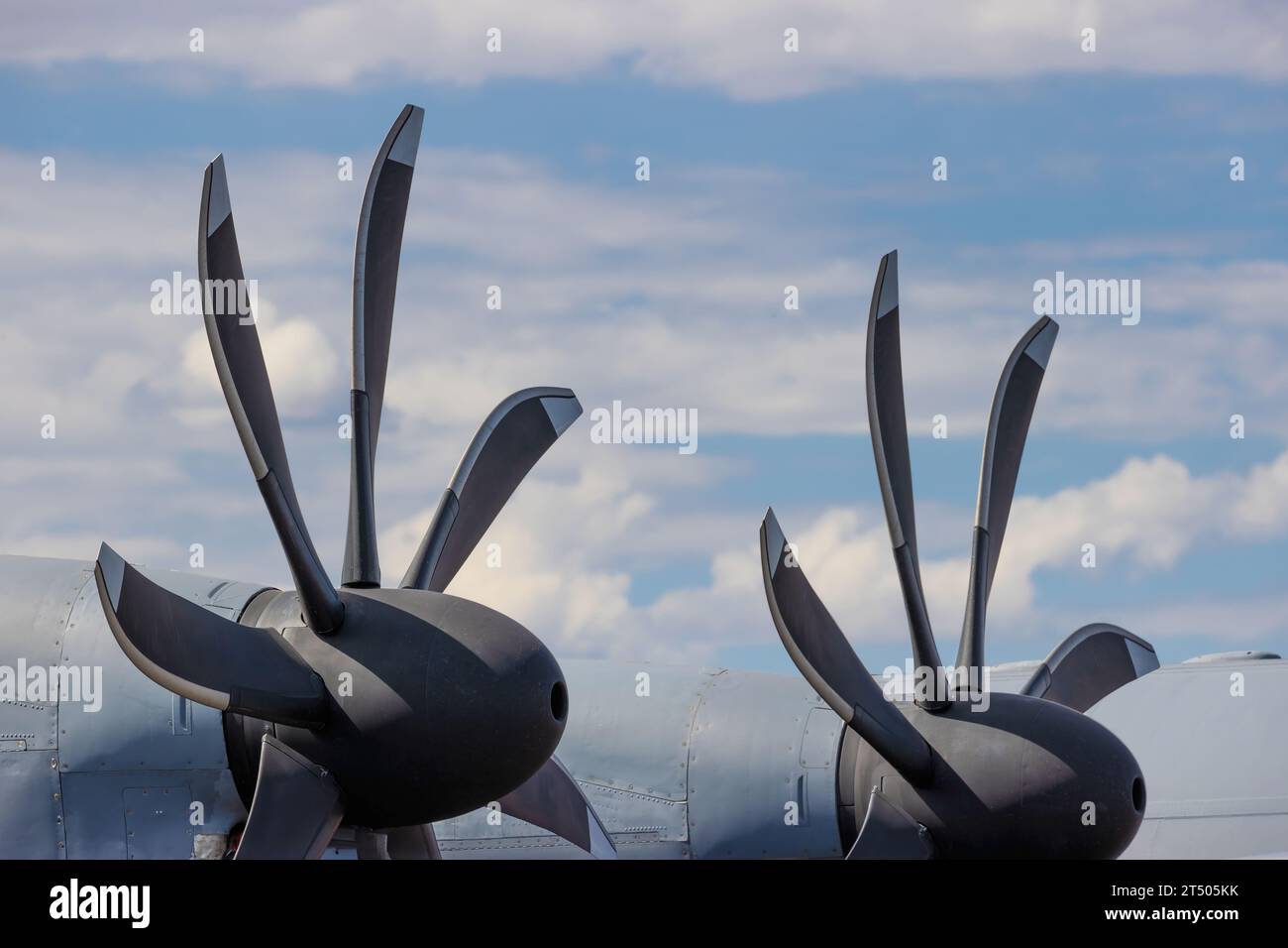 Close up of tow propeller driven engines under cloudy skies in this ...