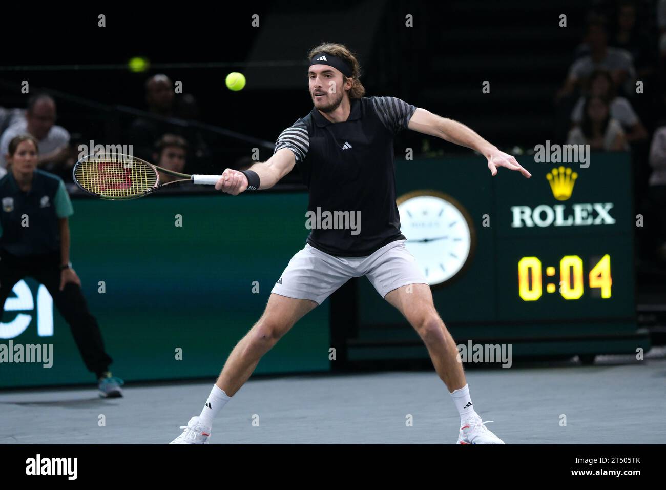 Paris, France. 2nd Nov, 2023. Greek player STEFANOS TSITSIPAS returns the ball to German player ...