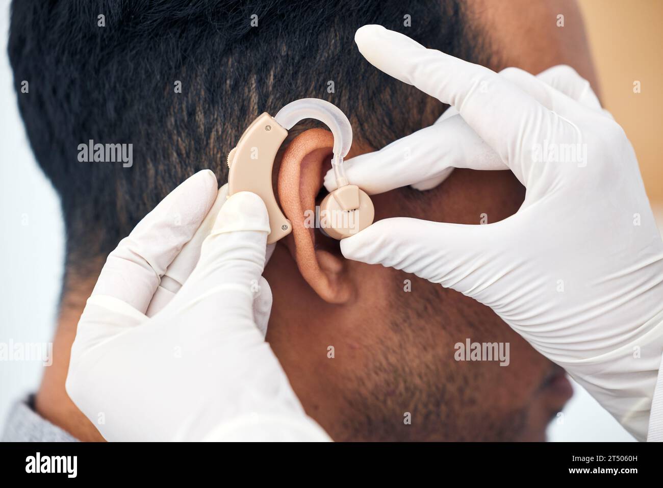 Hearing aid, man and doctor hands with deaf patient consultation for ...