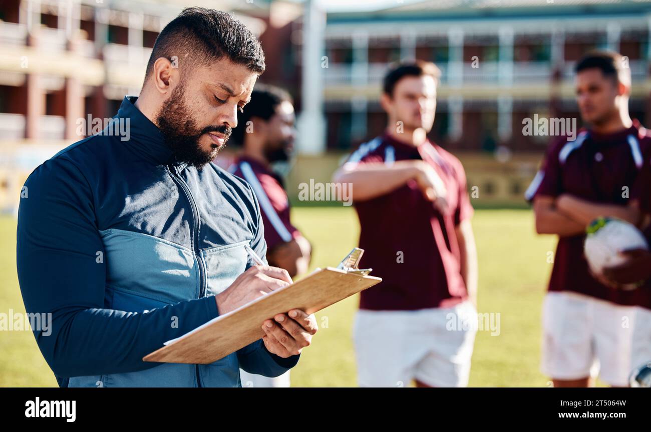 Fitness, rugby and coach with clipboard, teamwork and training for ...