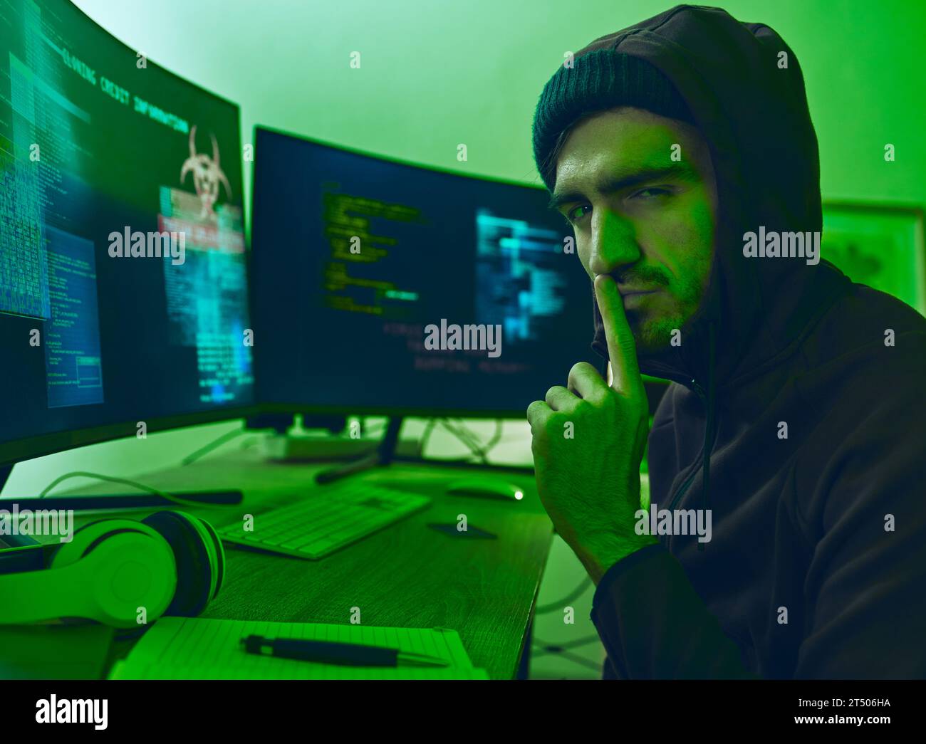 Computer hacker, neon and portrait of a man with secret for hacking ...