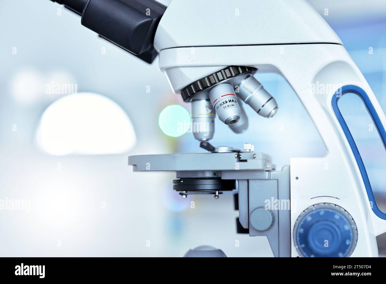 Microscope, science and medical with research, analysis and sample with ...