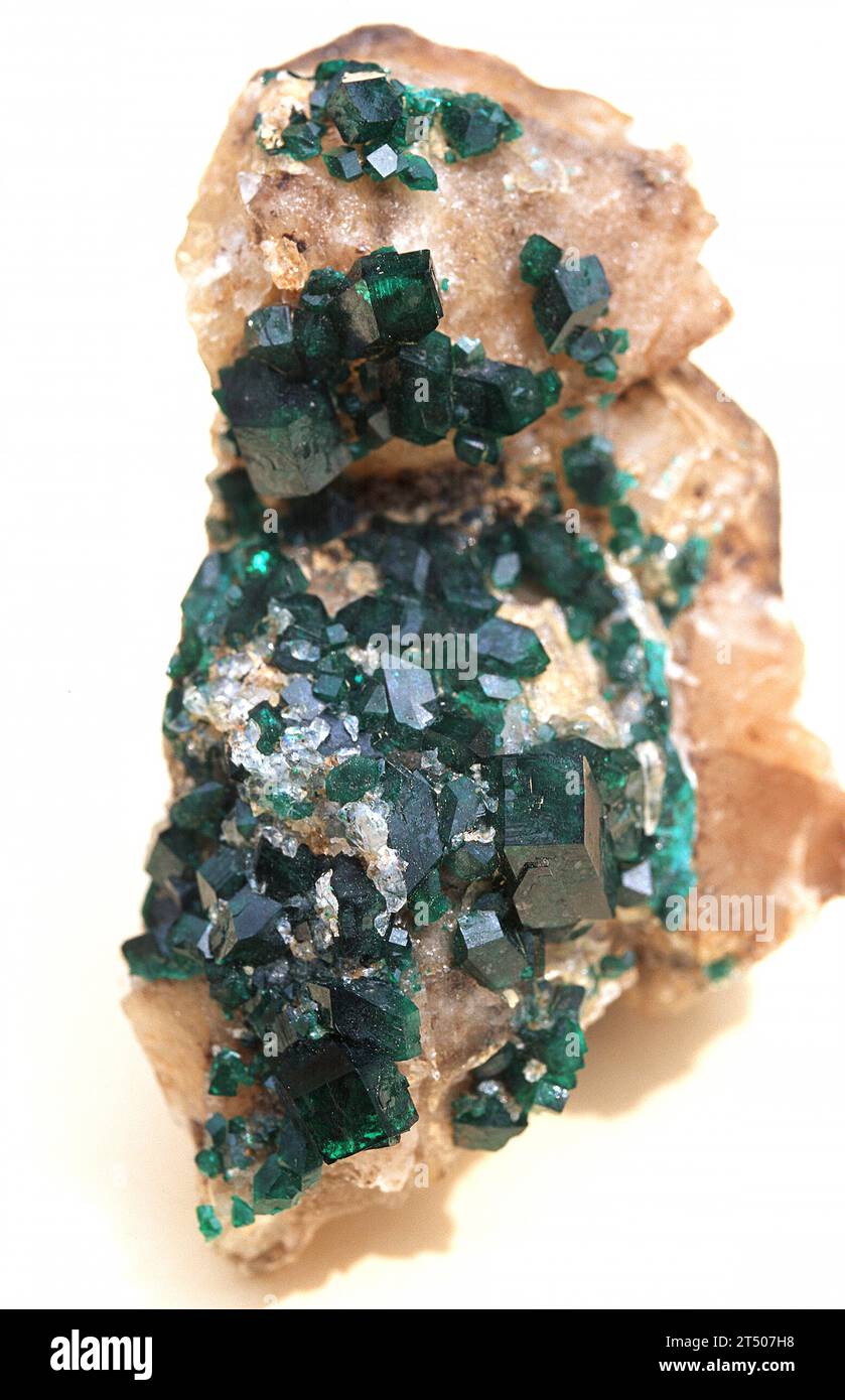 Dioptase is a copper silicate mineral. Crystallized sample Stock Photo ...