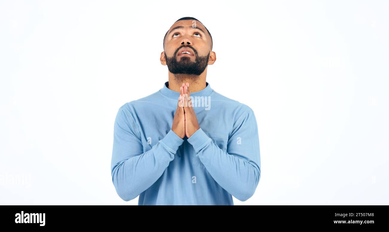 Worship, prayer and man praying in studio for thank you, faith or help ...