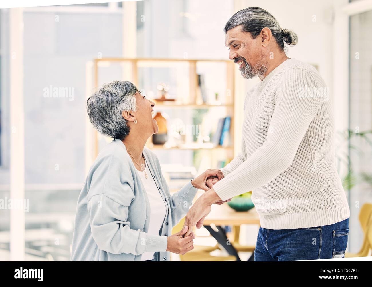 Happy, holding hands or old couple dancing in living room for love ...