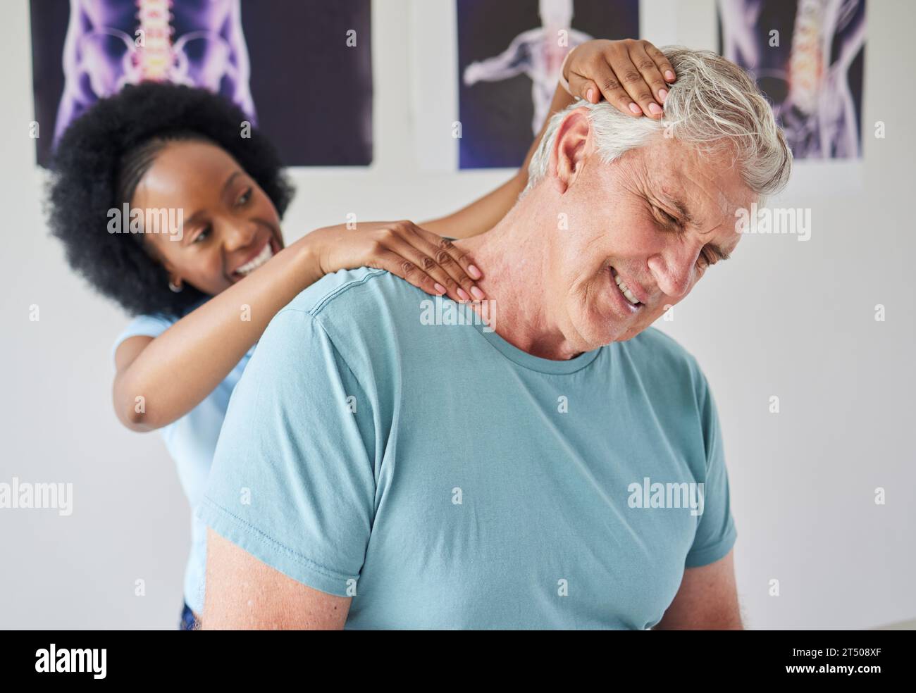 Medical, neck pain and a black woman chiropractor with a patient in her ...