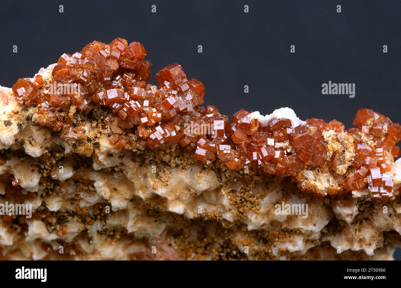 Vanadinite is a lead vanadate mineral. Red-orange crystals Stock Photo ...
