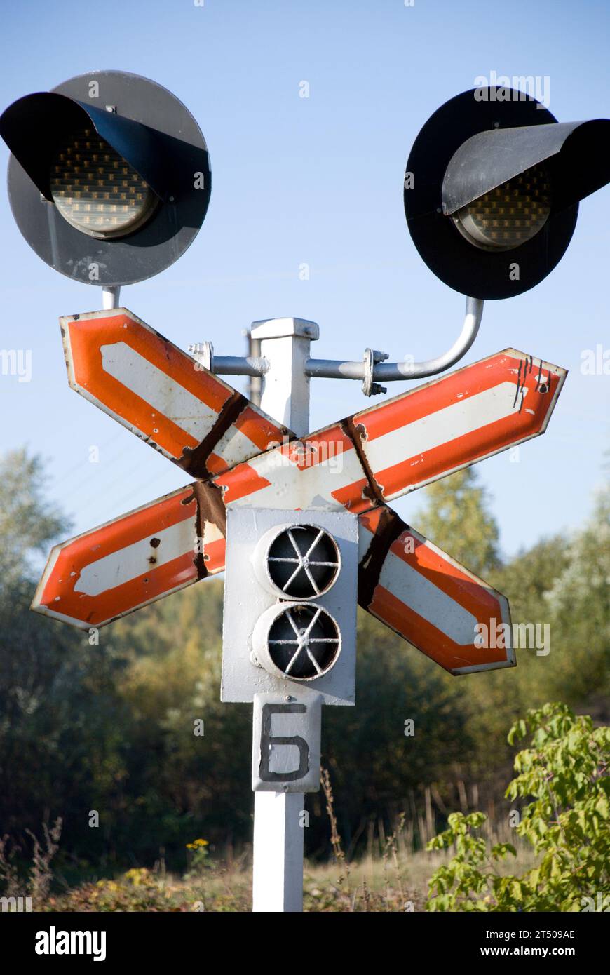 A railroad semaphore with a restrictive sign Stock Photo - Alamy