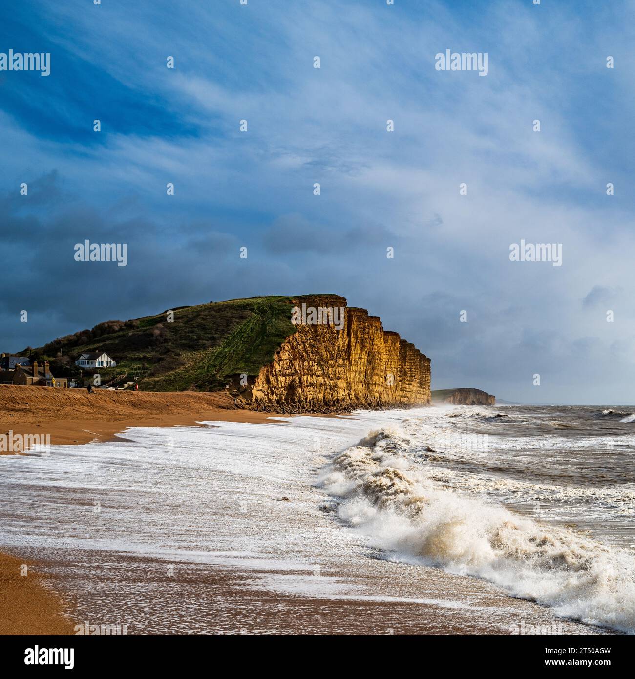 Storm Ciaran hits Dorset coast at West Bay on 1st November 2023. Wild sea storm. Storm damage ...