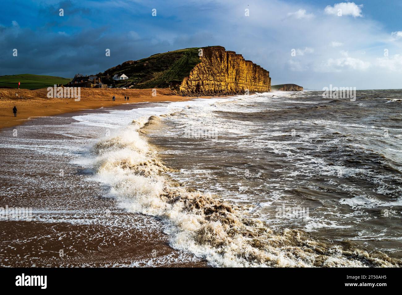 Storm Ciaran hits Dorset coast at West Bay on 1st November 2023. Wild sea storm. Storm damage ...