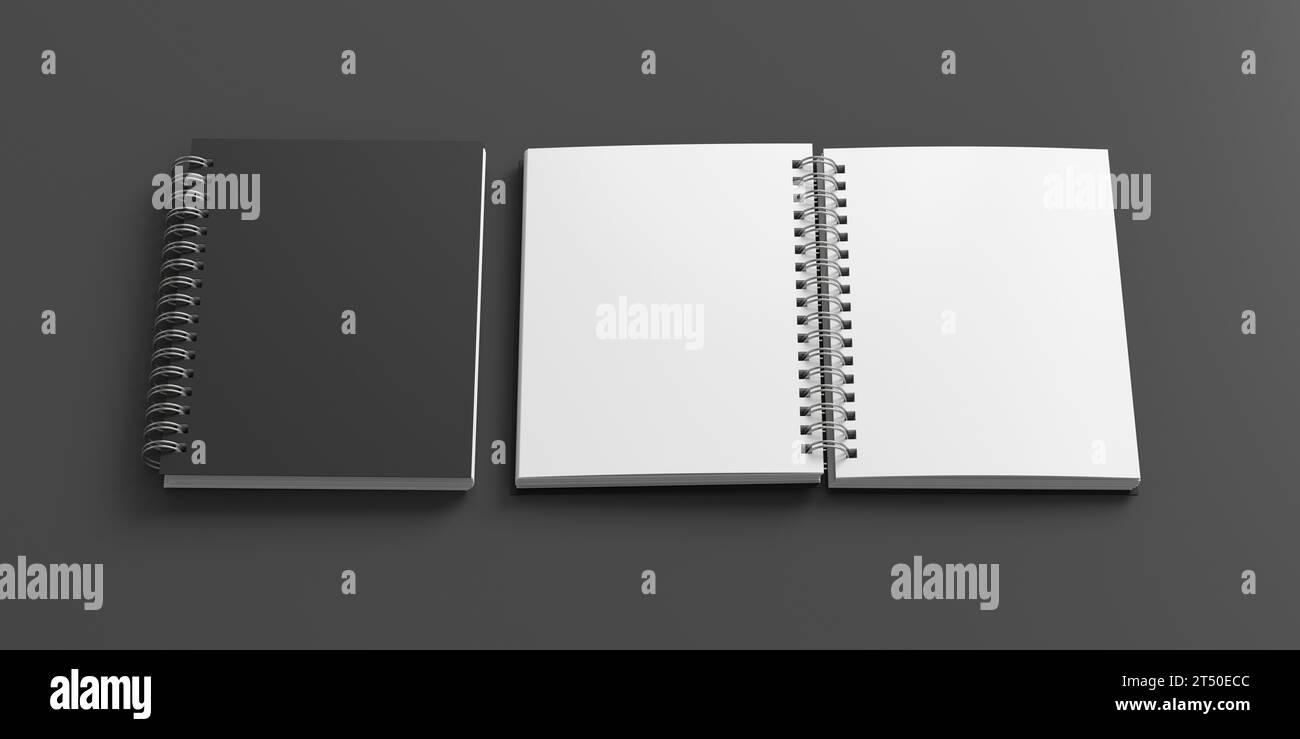 Notebook mockup. Closed and open blank notebook with black cover ...