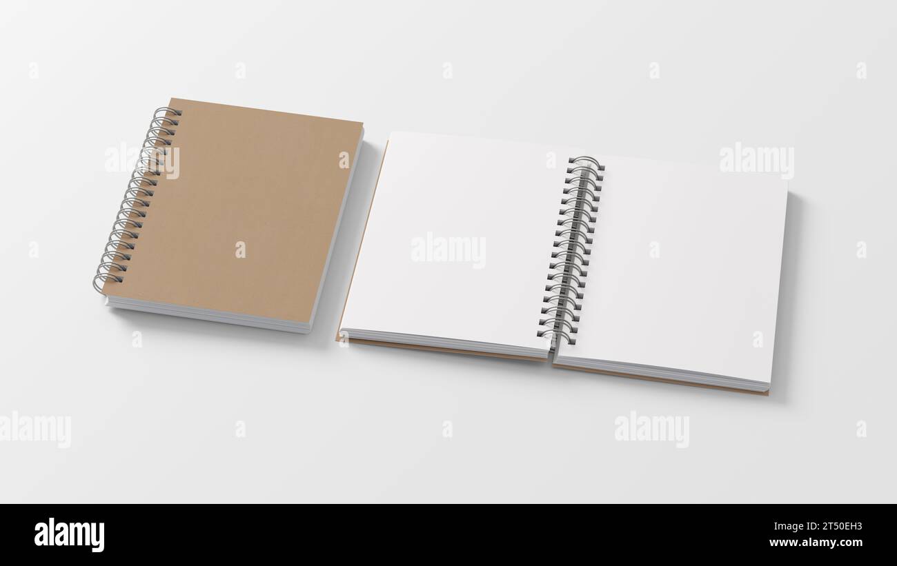Notebook mockup. Closed and open blank notebook with craft paper cover ...